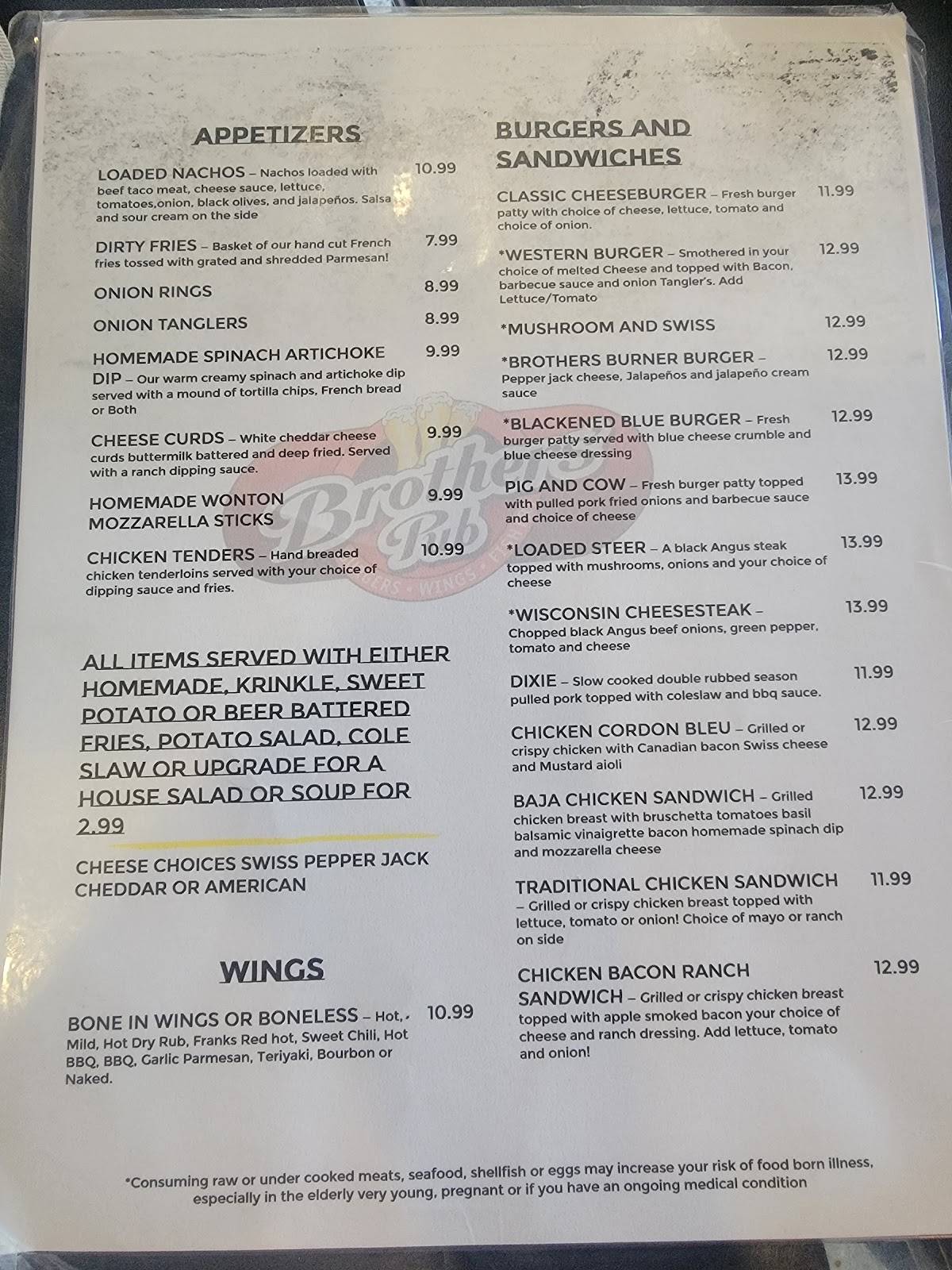 Menu at Brothers' Pub, Shawano, W5867 Lake Dr