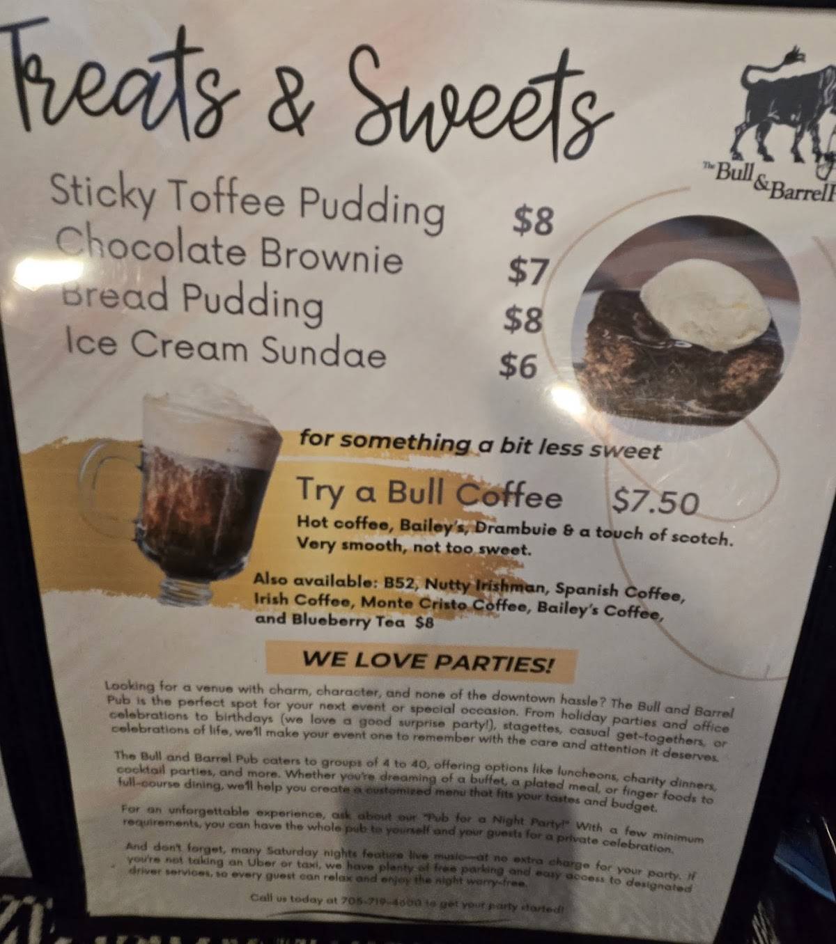 Menu at Bull and Barrel Pub, Barrie