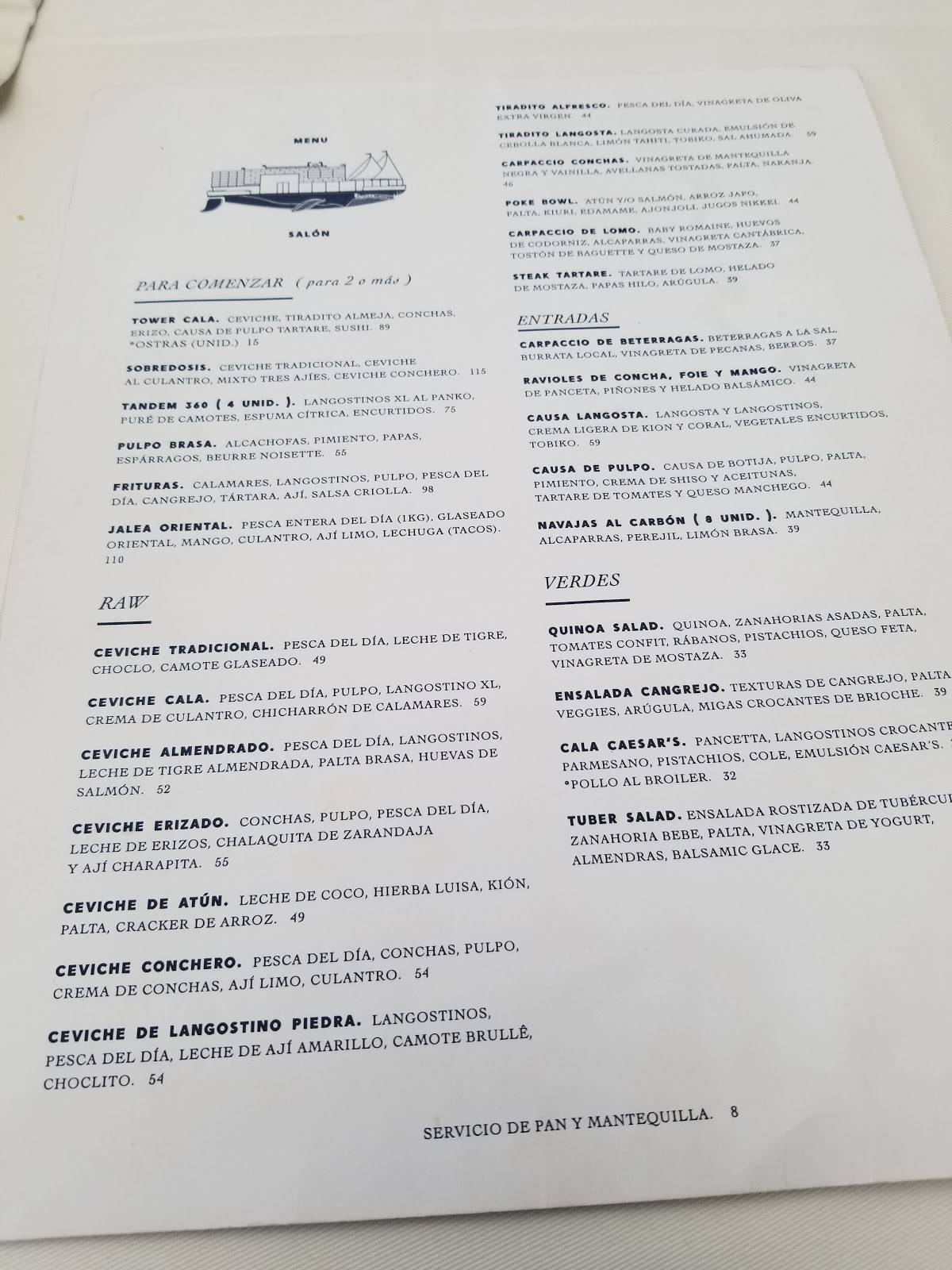 Carta de Cala Restaurante & Lounge, Barranco, Cto. de Playas