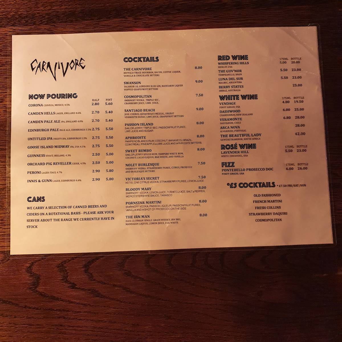 Menu at Carnivore restaurant, Edinburgh