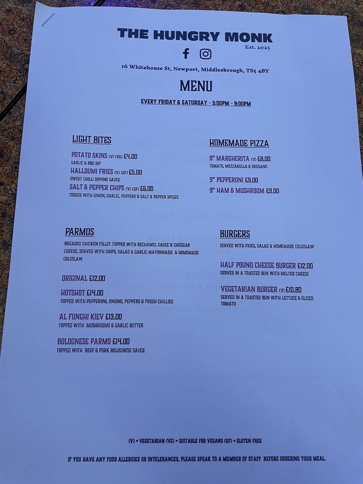 Menu at Chapel pub & bar, Middlesbrough