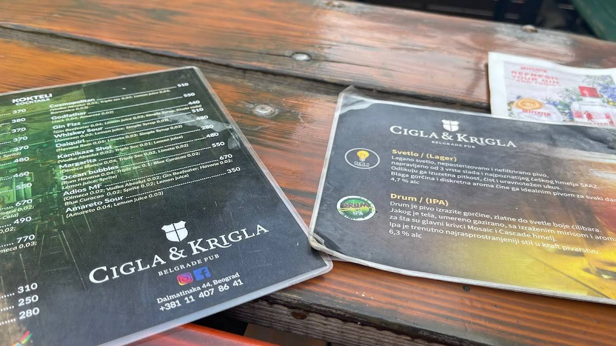 Menu at Cigla & Krigla Pub, Belgrade