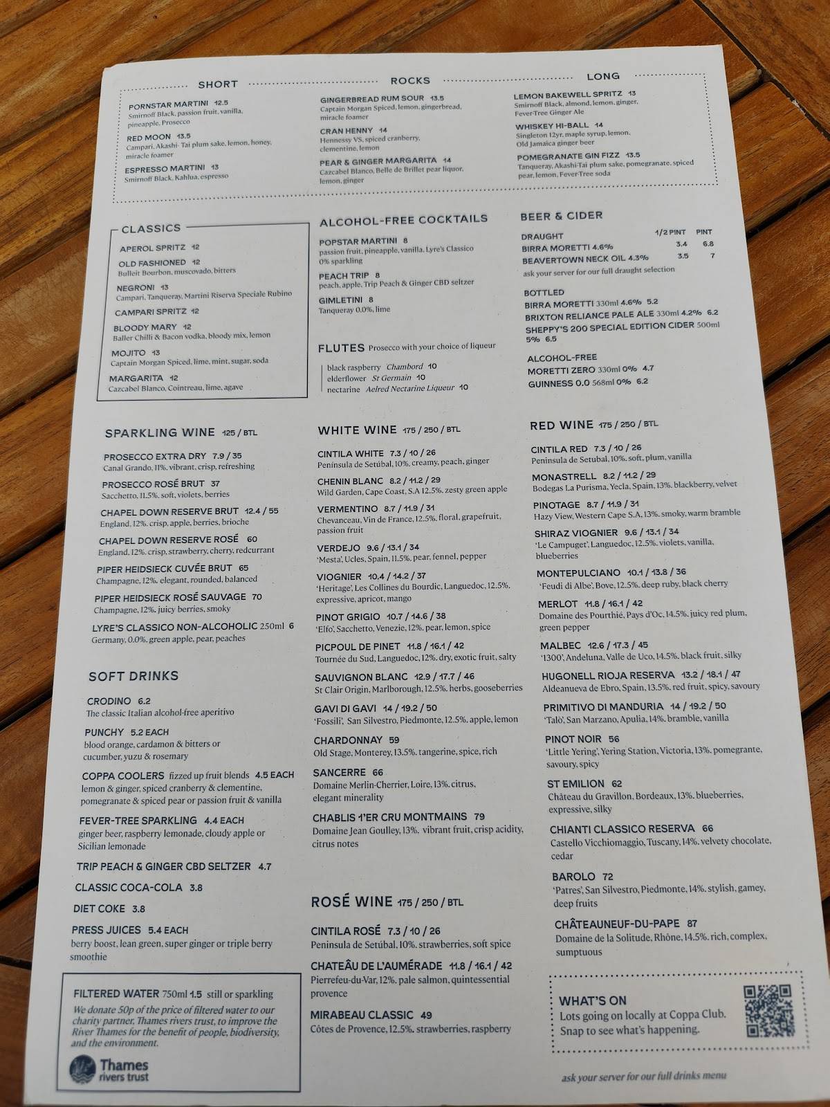 Menu at Coppa Club Tower Bridge, London, 3 Lower Thames St