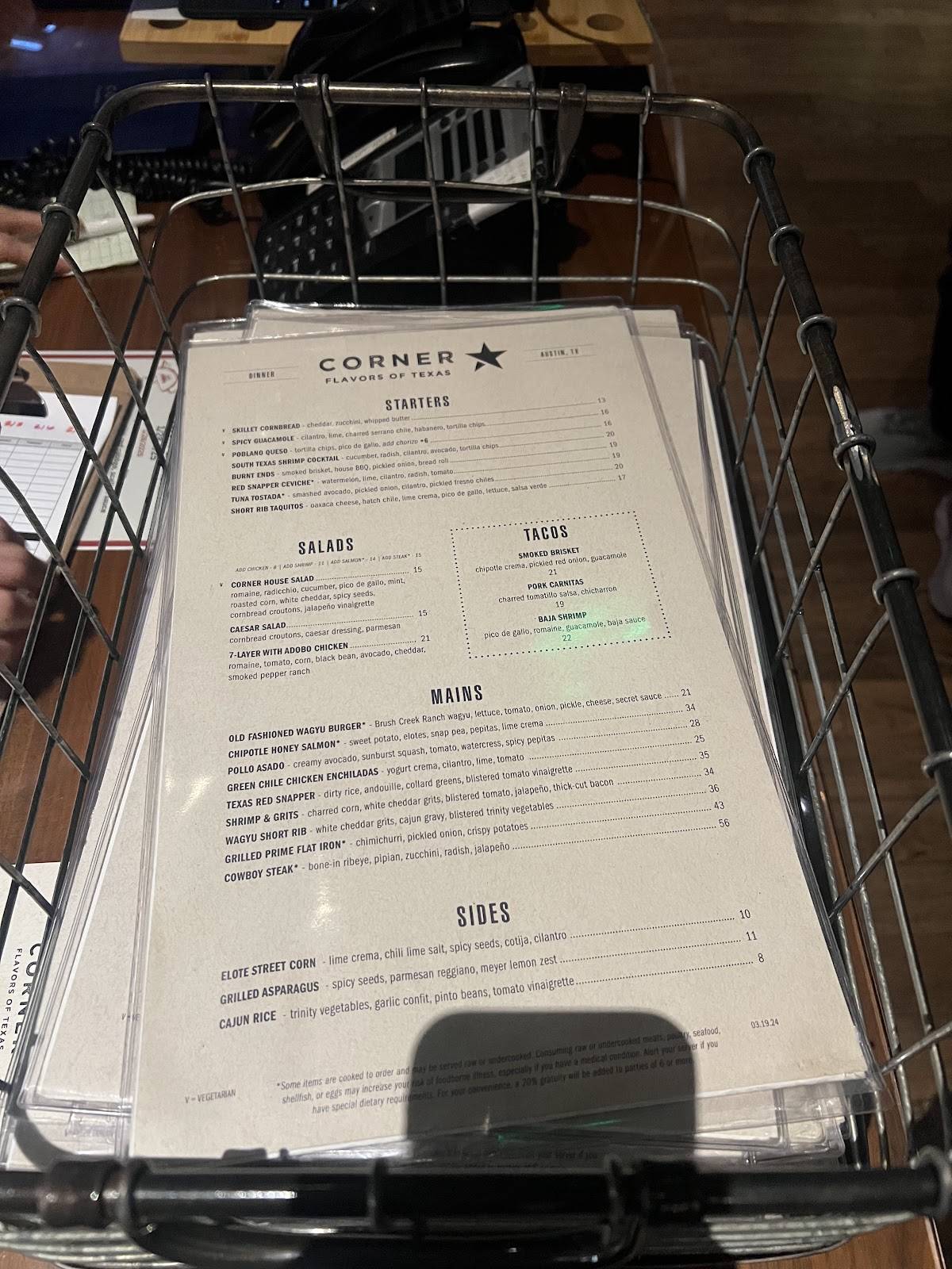 Menu at Corner Restaurant, Austin, 110 E 2nd St