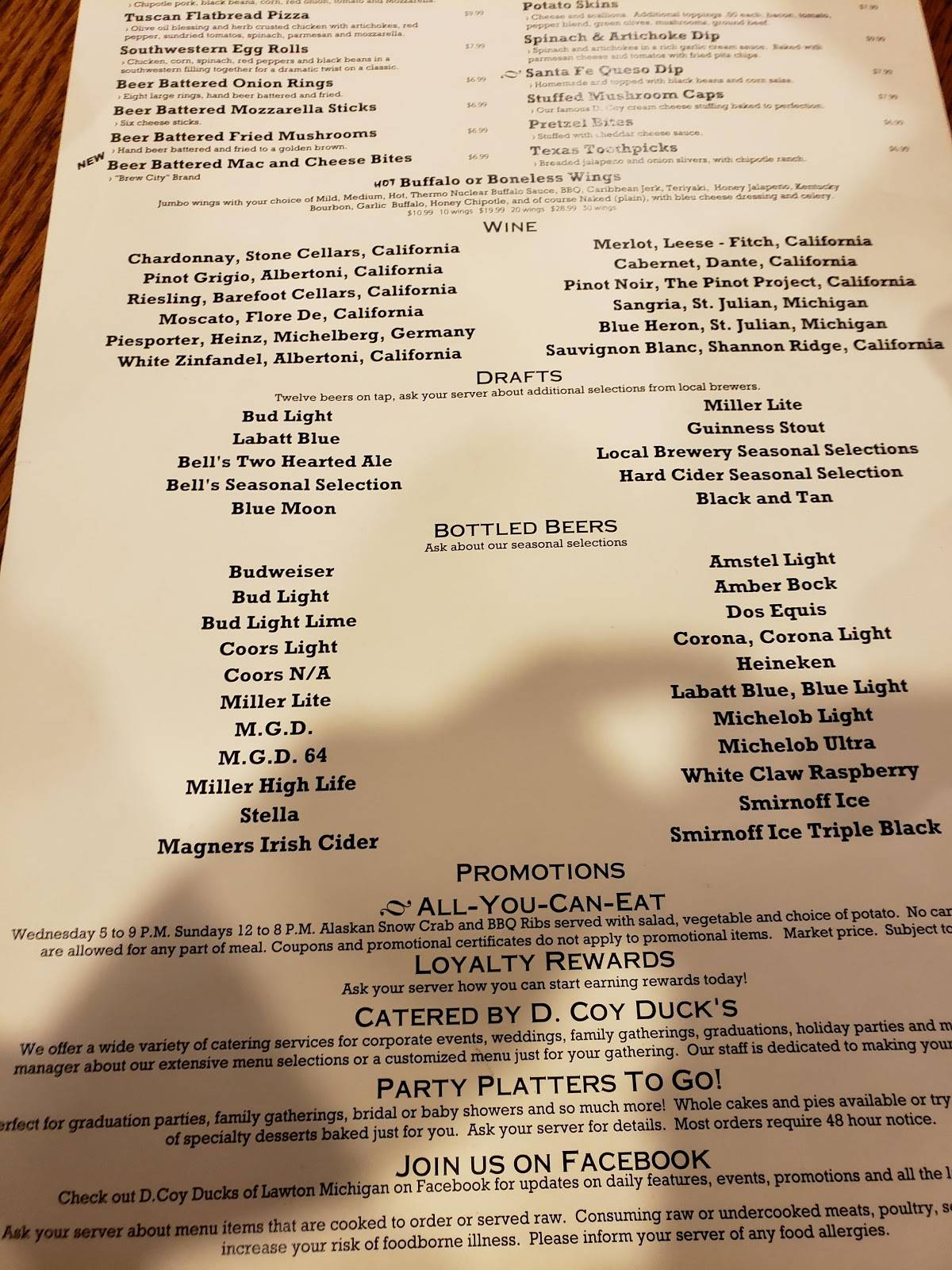 Menu at D. Coy Duck's pub & bar, Lawton