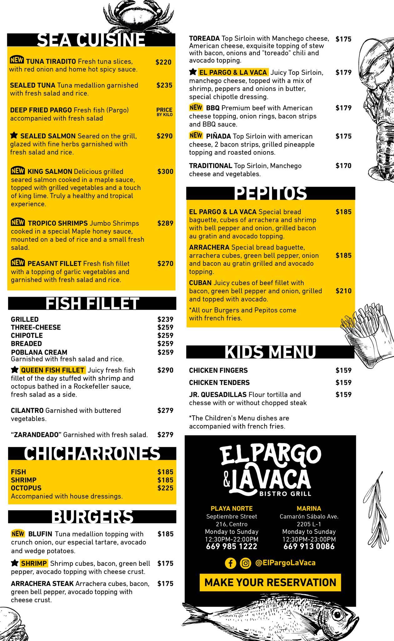 Menu at El Pargo y La Vaca (Playa Norte) pub & bar, Mazatlán