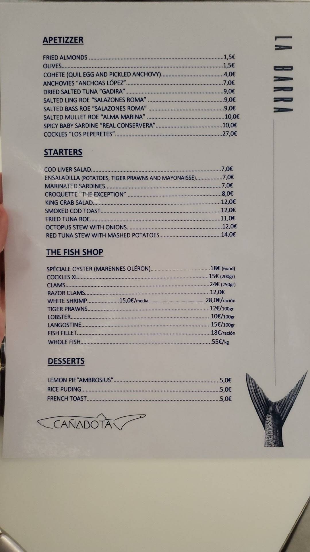 Menu at Cañabota pub & bar, Seville, C. Orfila
