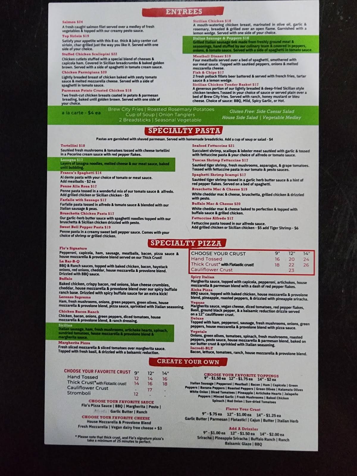 Menu at Flo's Pizzeria Ristorante & Sports Bar, Greenville