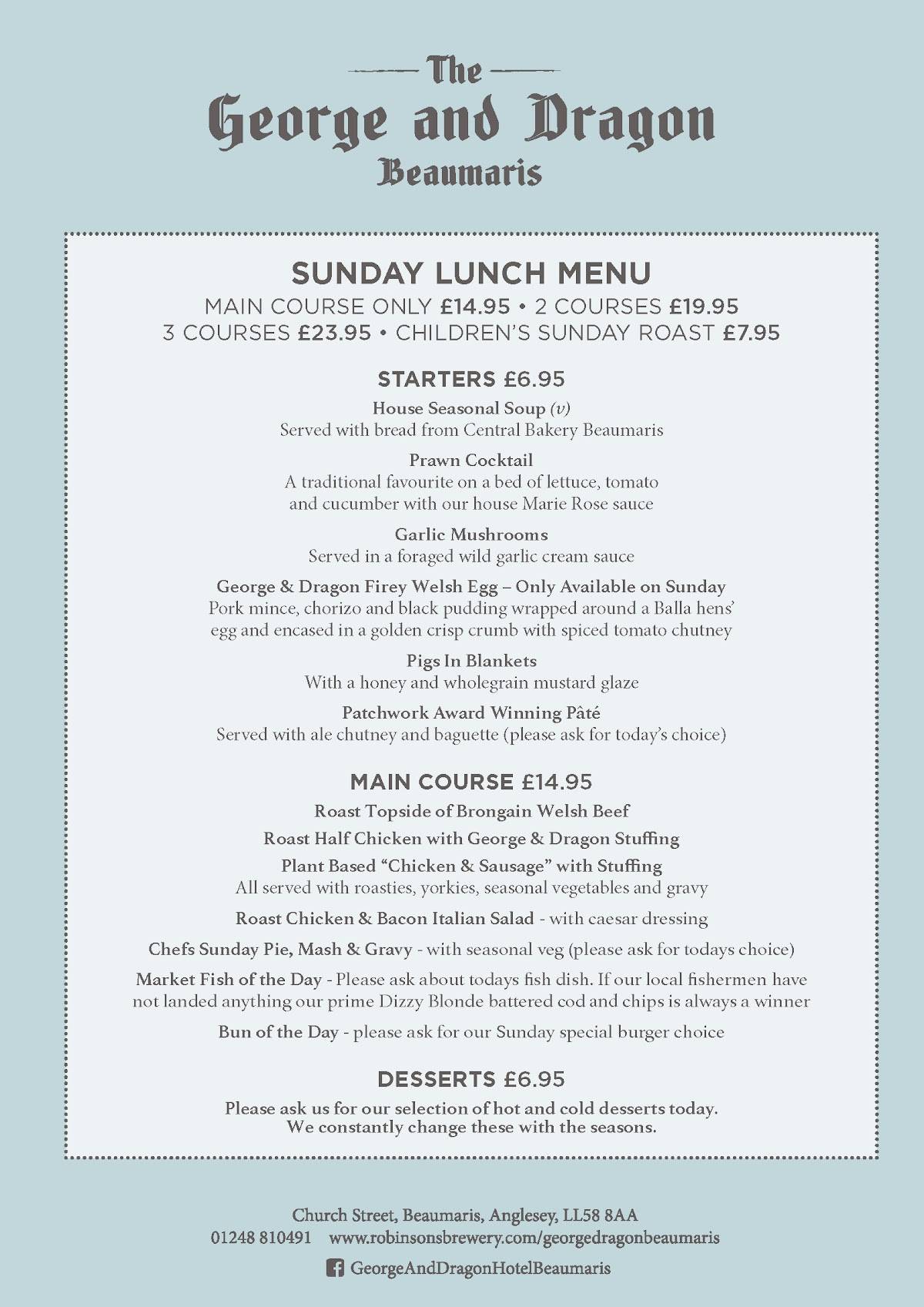 Menu at George & Dragon, Beaumaris pub & bar, Beaumaris