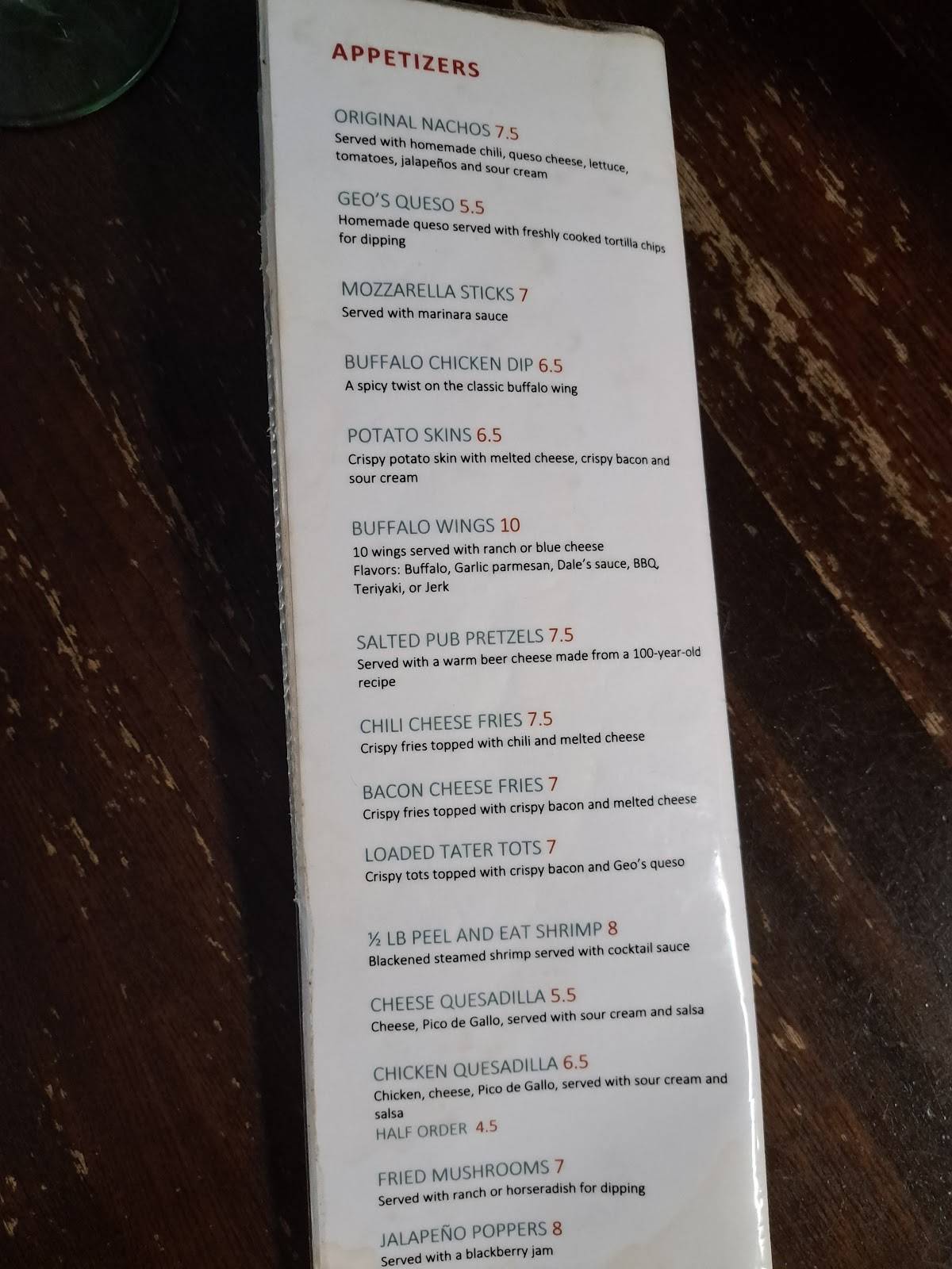 Menu at Geo's Pool And Pub, Tallahassee, Mahan Dr