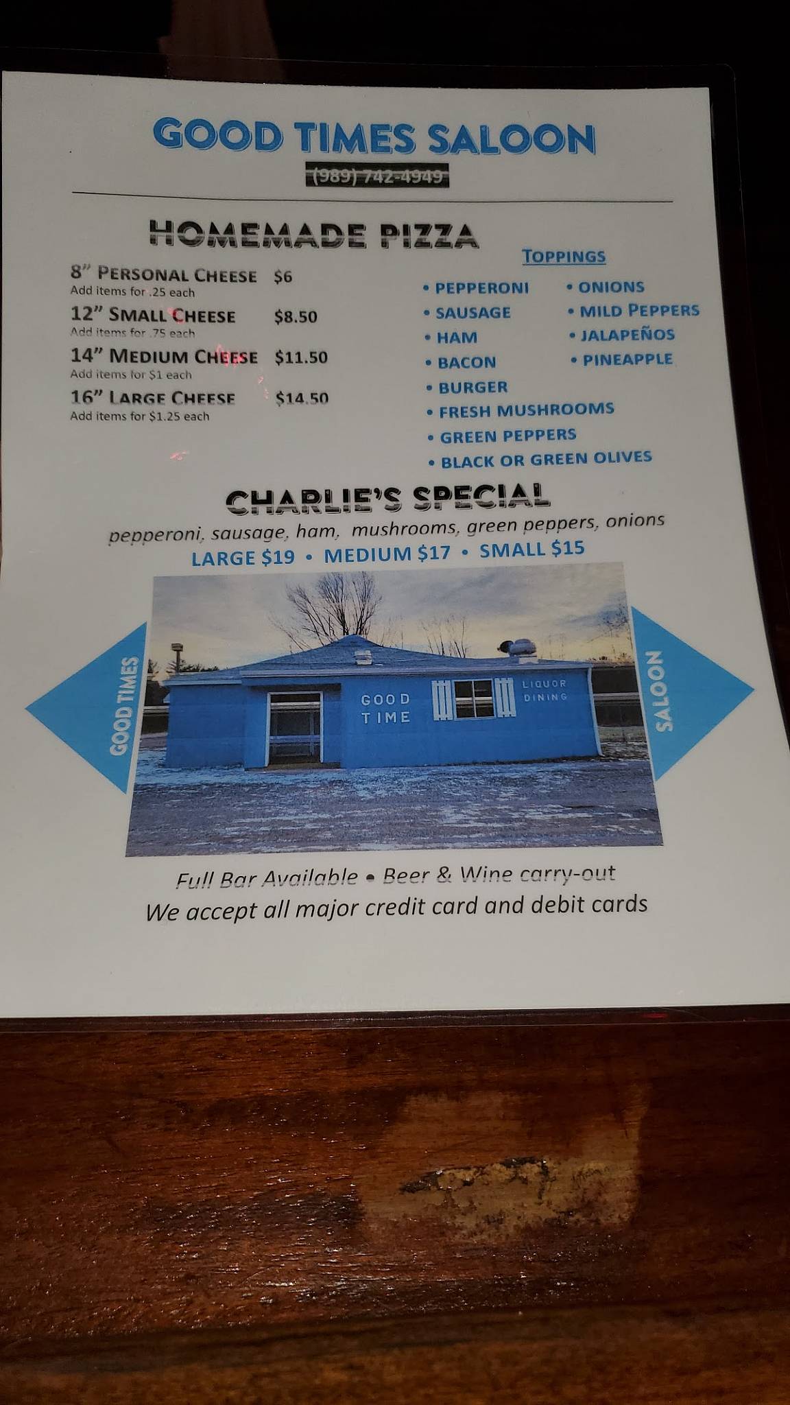 Menu at Good Times Saloon pub & bar, Hillman