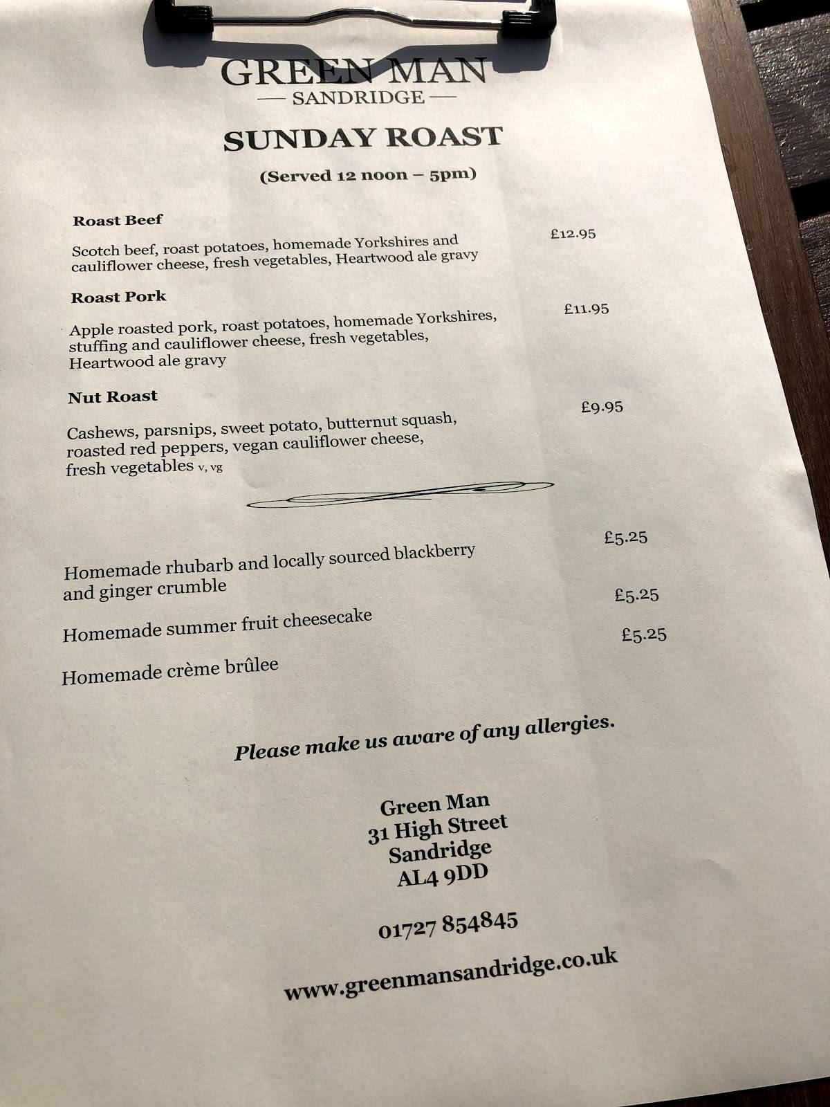 Menu at Green Man pub & bar, St Albans, 31 High St
