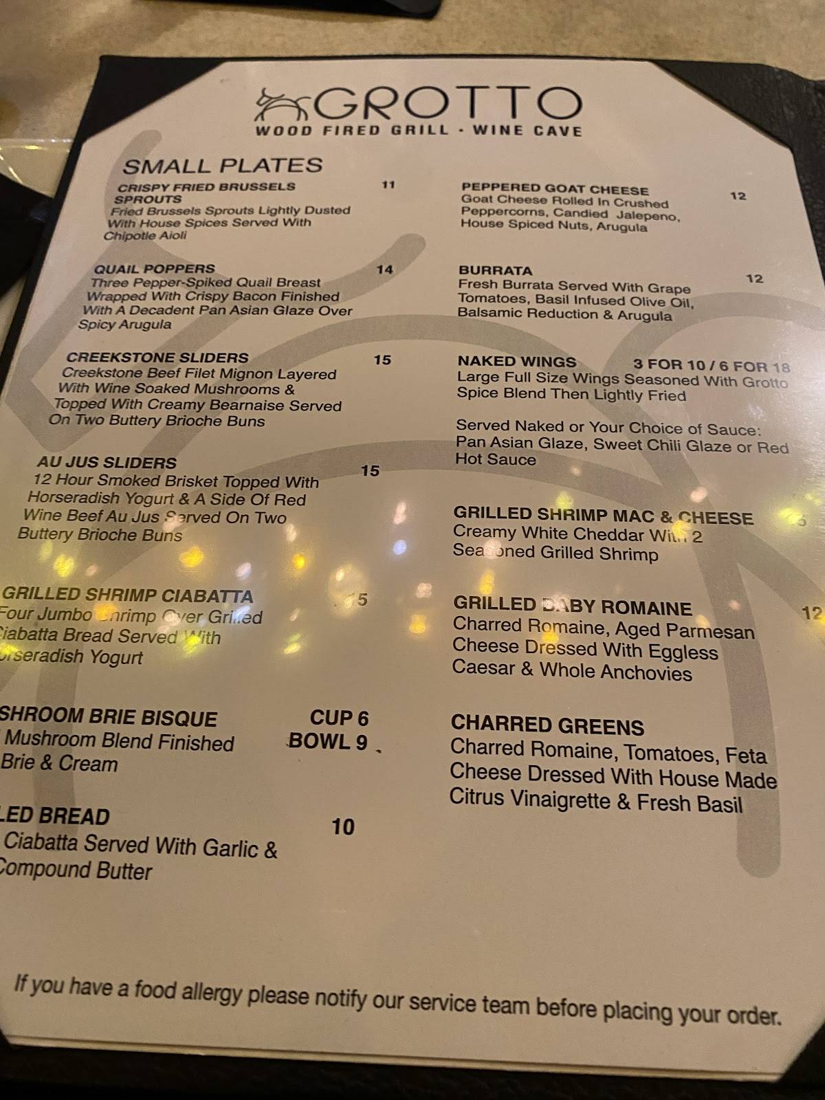 Menu at Grotto Wood-Fired Grill and Wine Cave pub & bar, Eureka Springs