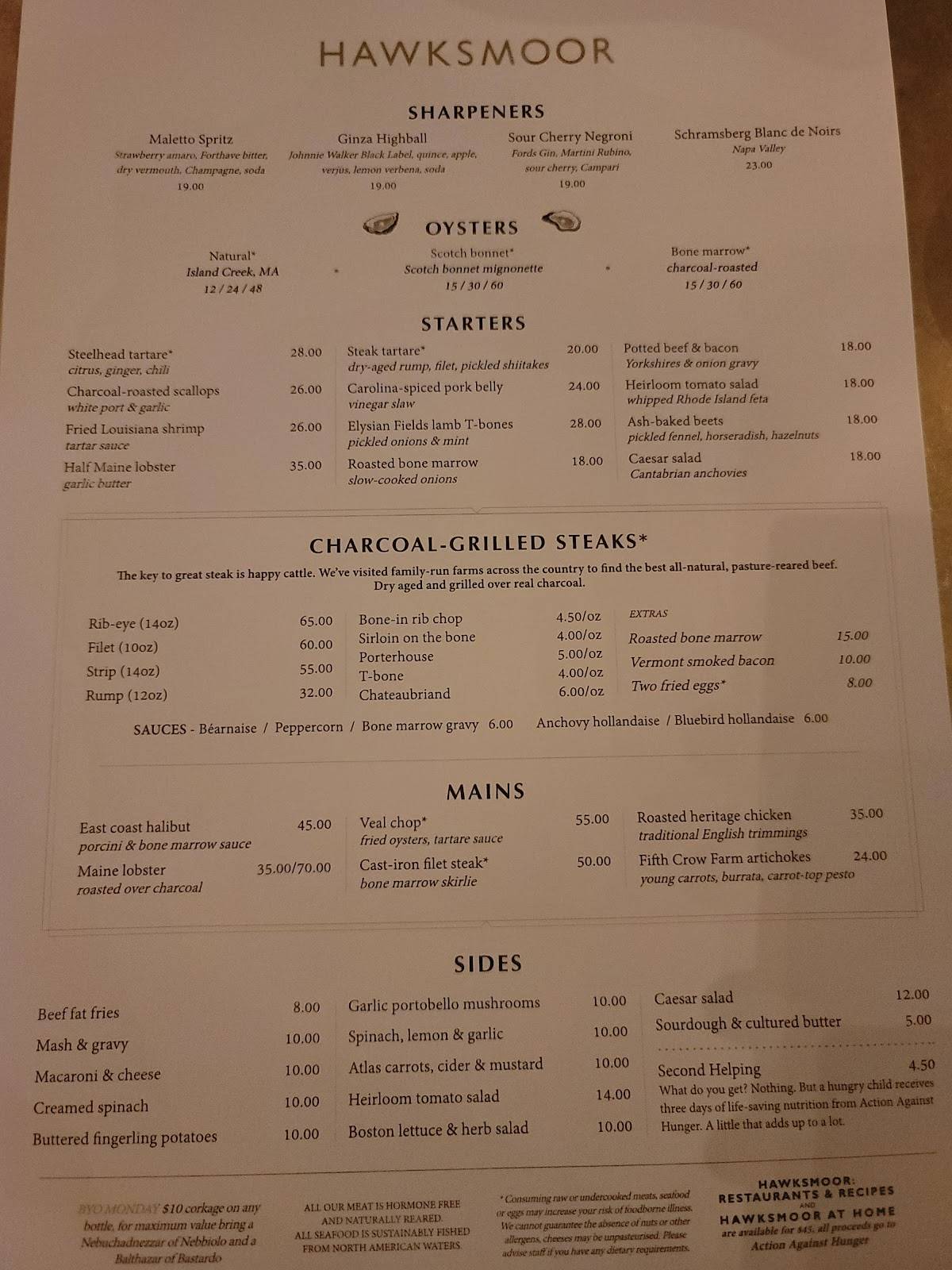 Меню стейк хауса Hawksmoor NYC, Нью-Йорк