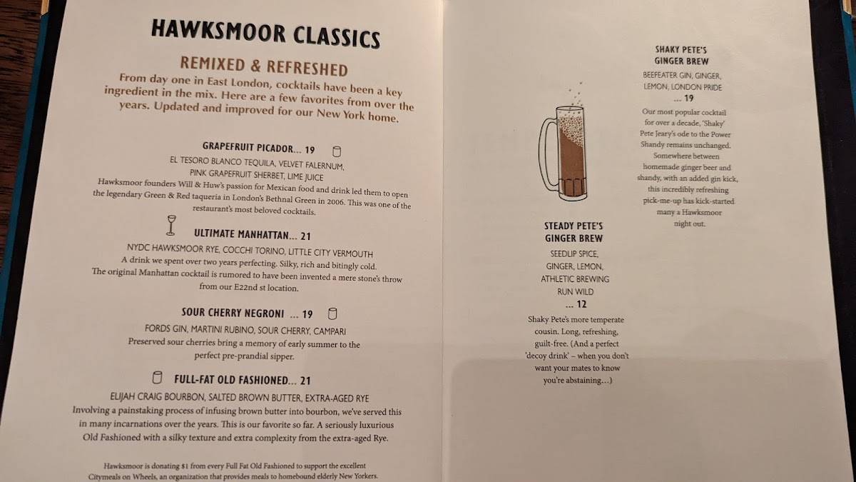 Меню стейк хауса Hawksmoor NYC, Нью-Йорк