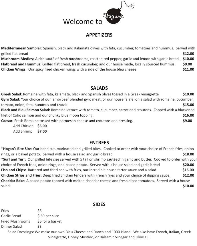 Menu at Hogan's pub & bar, Clarkston