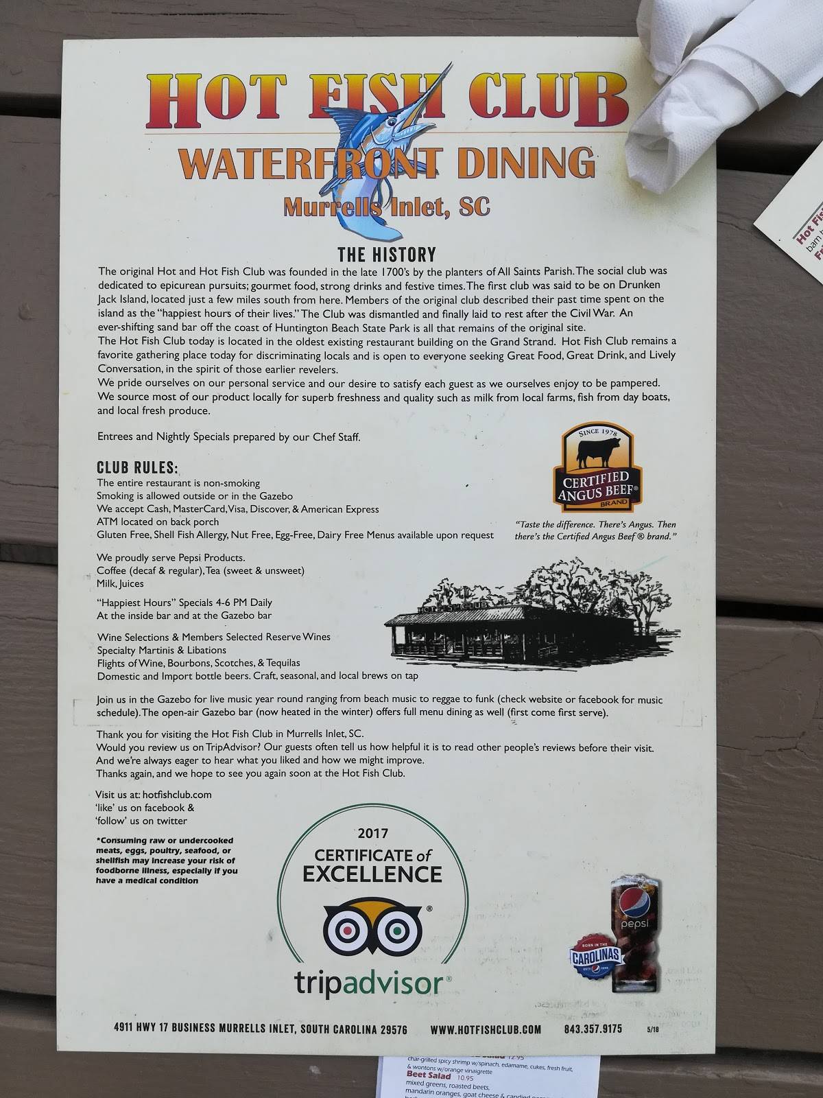 Menu at Hot Fish Club, Murrells Inlet