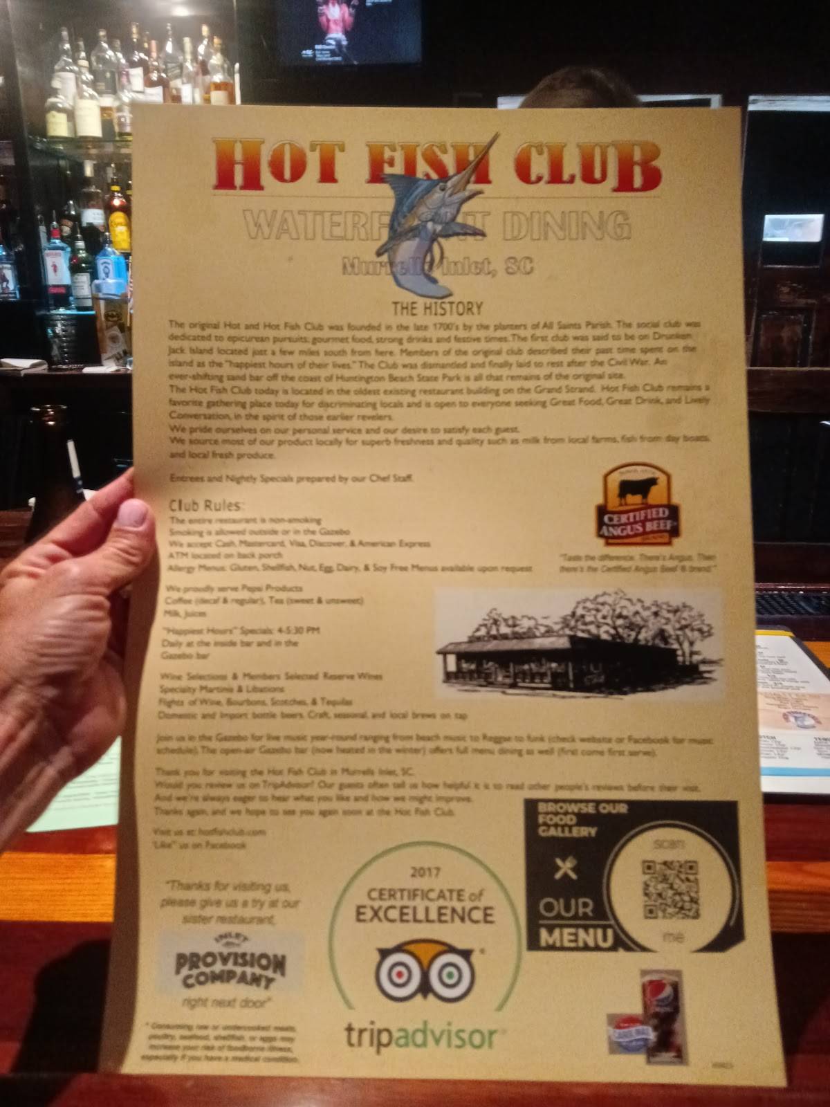 Menu at Hot Fish Club, Murrells Inlet