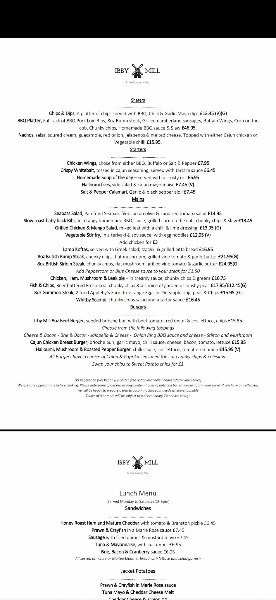 Menu at Irby Mill pub & bar, Greasby
