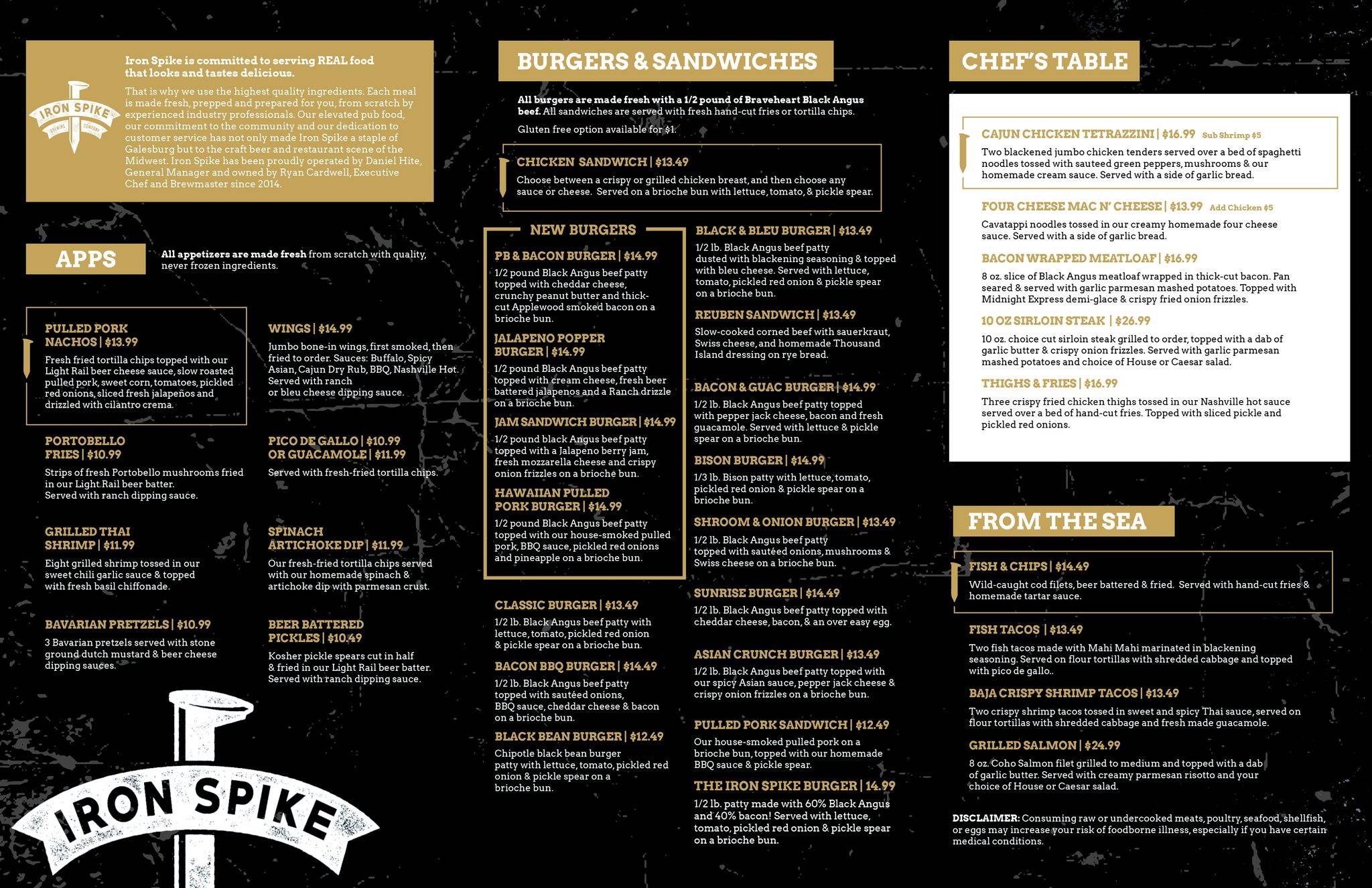 Menu at Iron Spike Brewing Company pub & bar, Galesburg