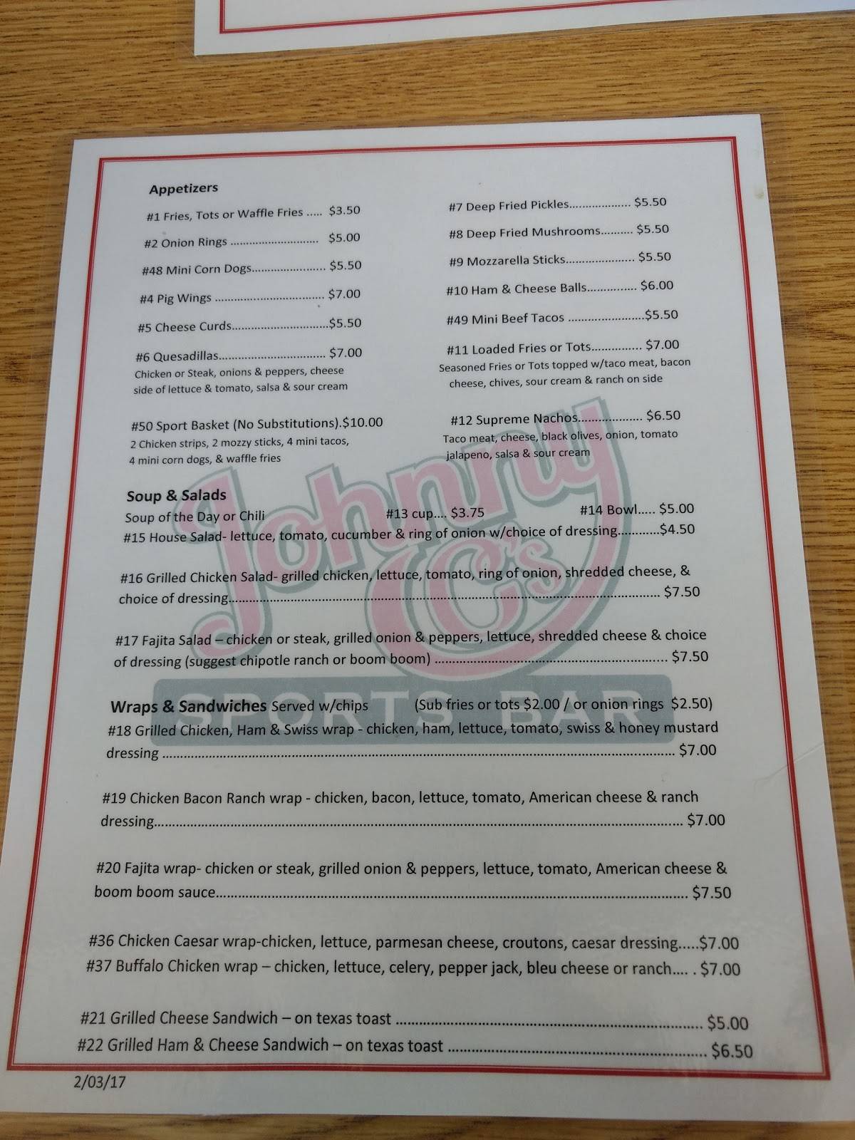 Menu at Johnny C's Sports Bar, Little Falls