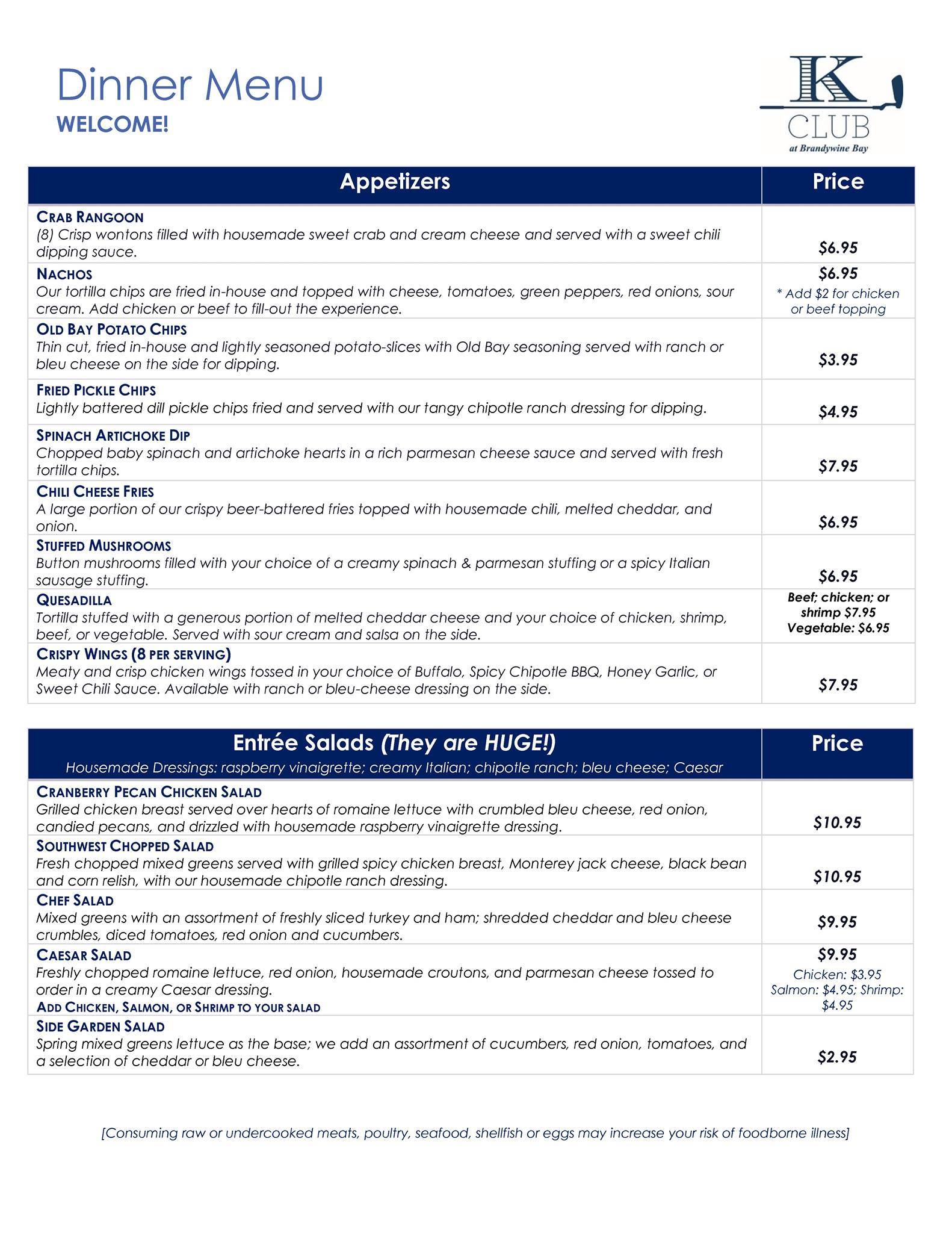 Menu at K Club, Morehead City
