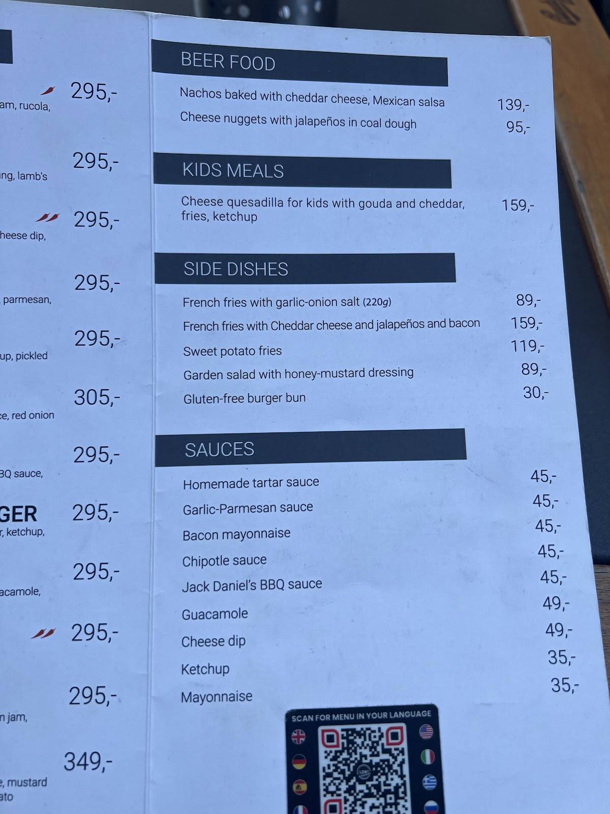 Menu at Loki Burgers pub & bar, Prague