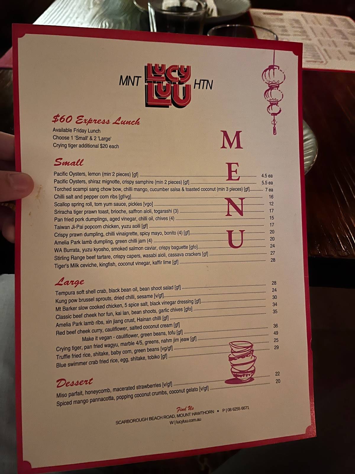 Menu at Lucy Luu pub & bar, Mount Hawthorn