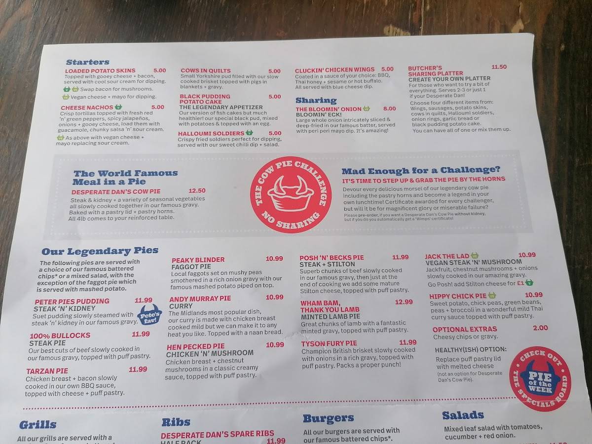 Menu at Mad O'Rourke's Pie Factory pub & bar, Tipton