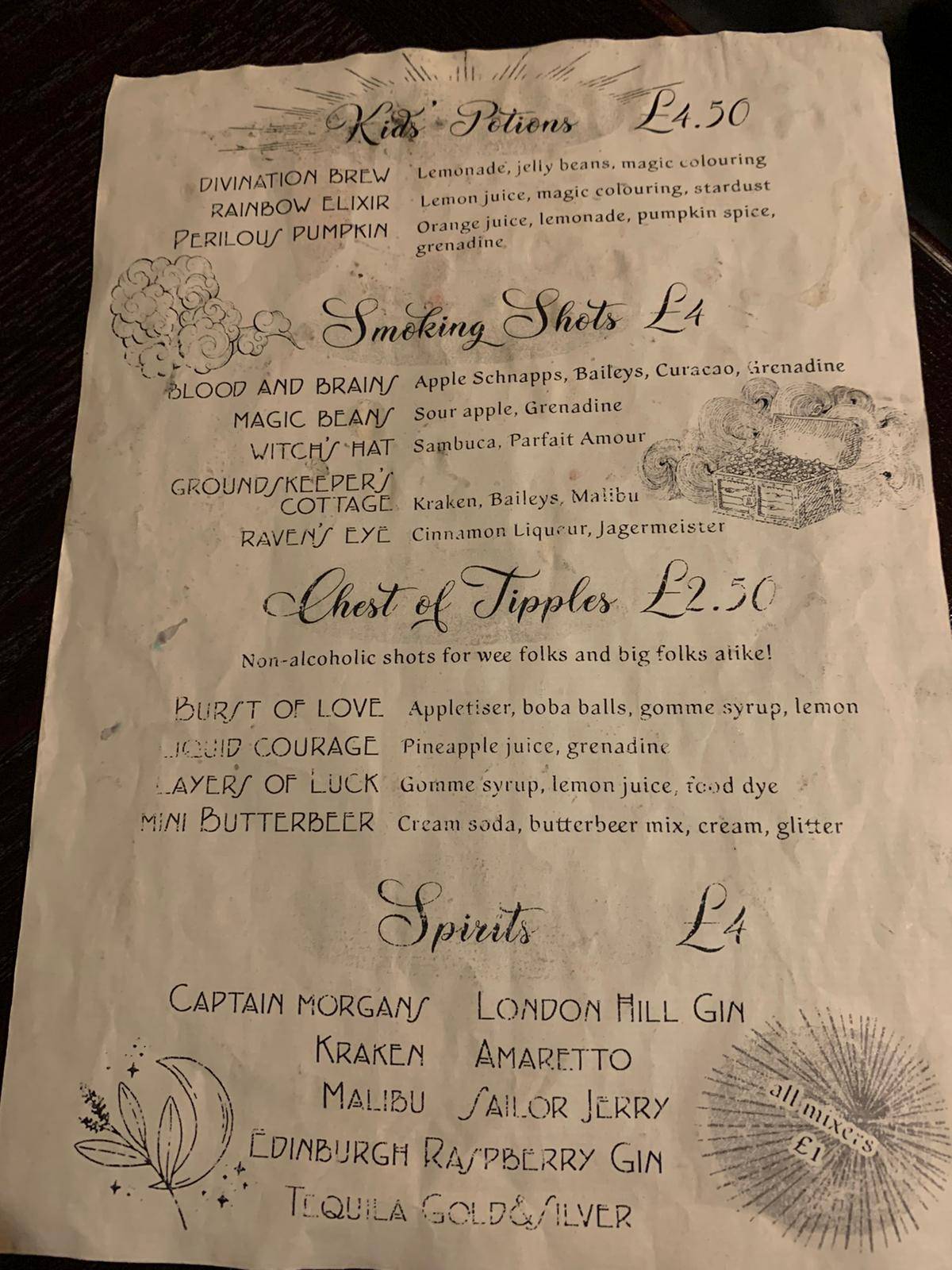 Menu at Magic Potions Tavern pub & bar, Edinburgh