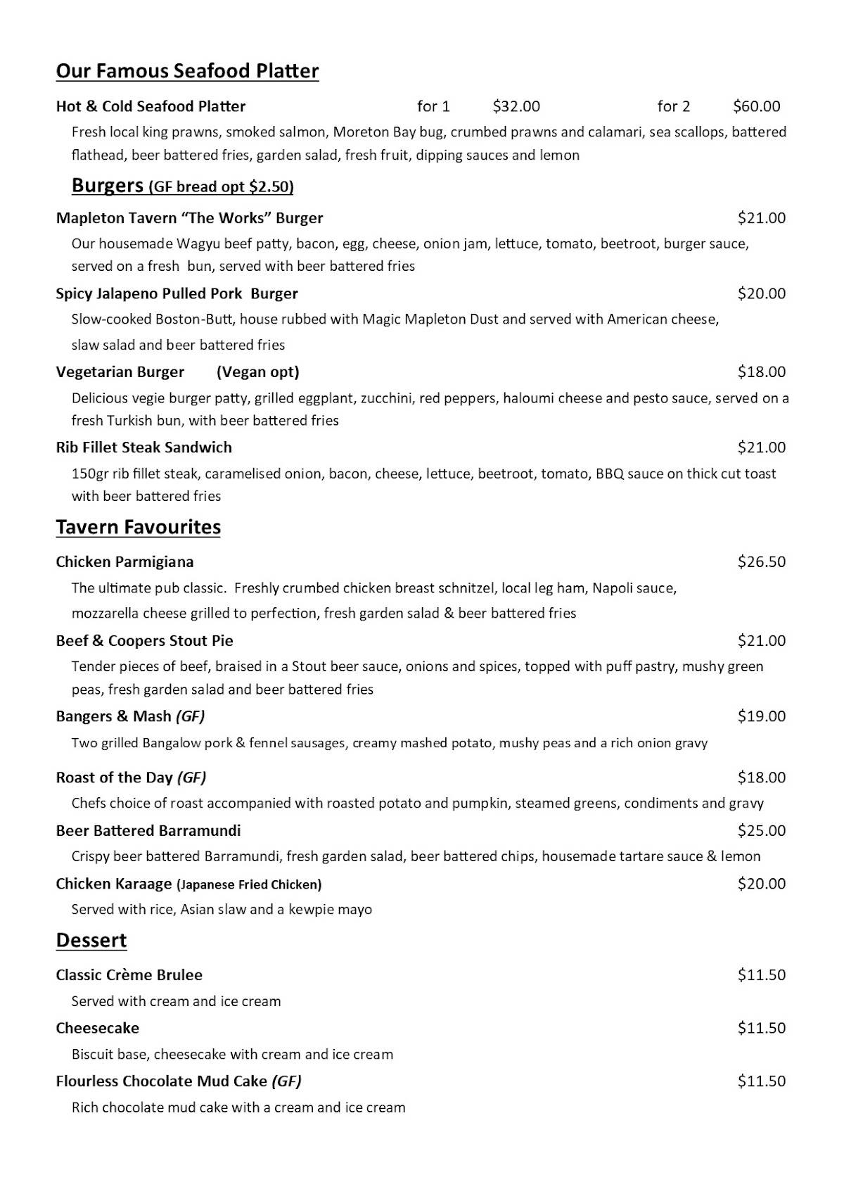 Menu at Mapleton Public House, Mapleton, 2 Flaxton Dr
