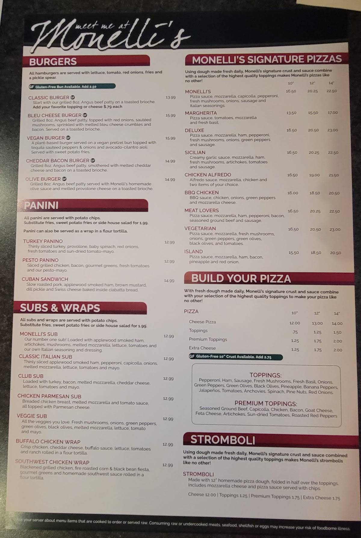 Menu at Monelli's Italian Grill & Sports Bar, Portage