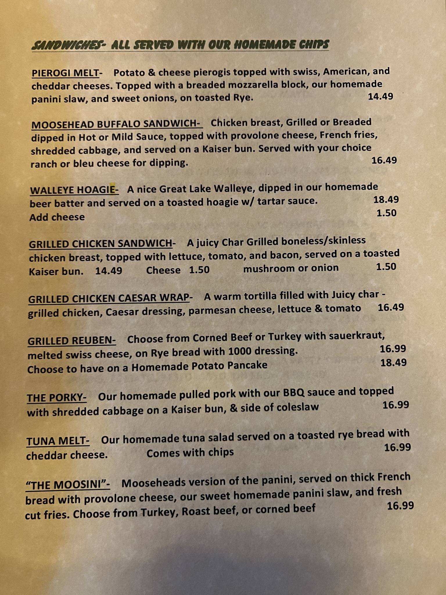 Menu at Moosehead Saloon pub & bar, Westlake