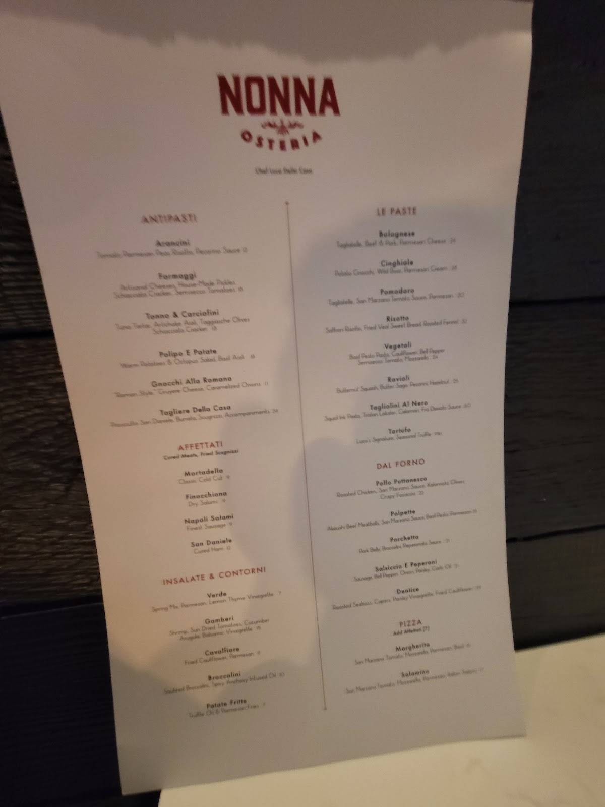 Menu at NONNA Osteria - 1604 pub & bar, San Antonio