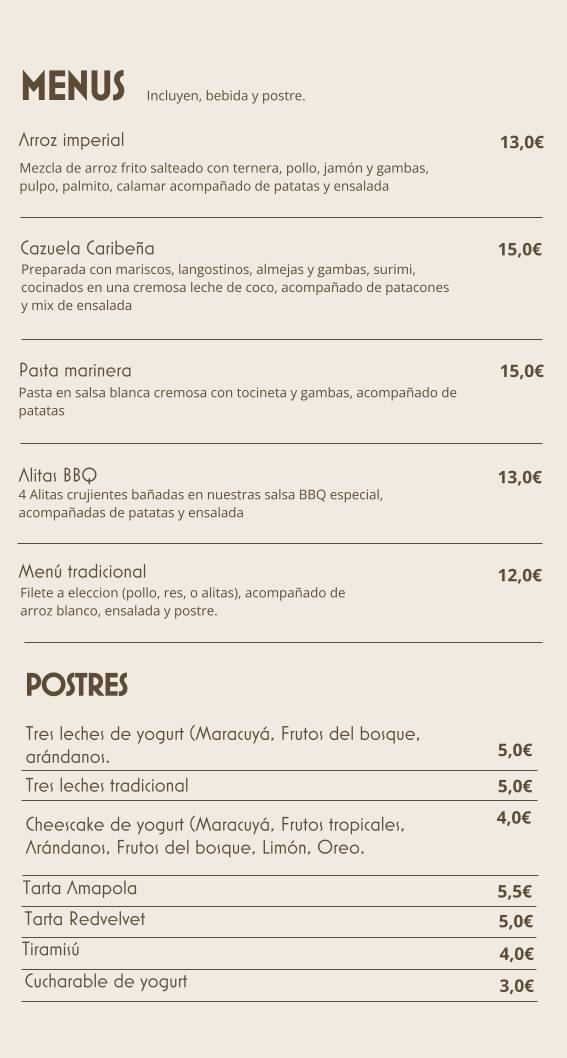Carta del pub y bar Nativos Fusión, Castellón del la Plana