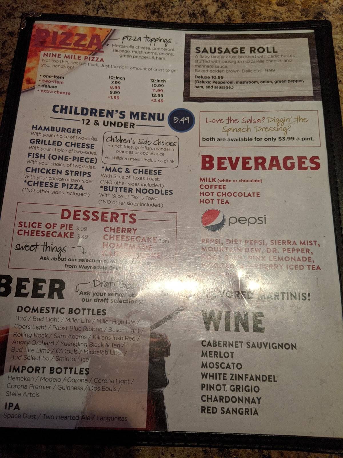 Menu at Nine Mile Restaurant, Fort Wayne