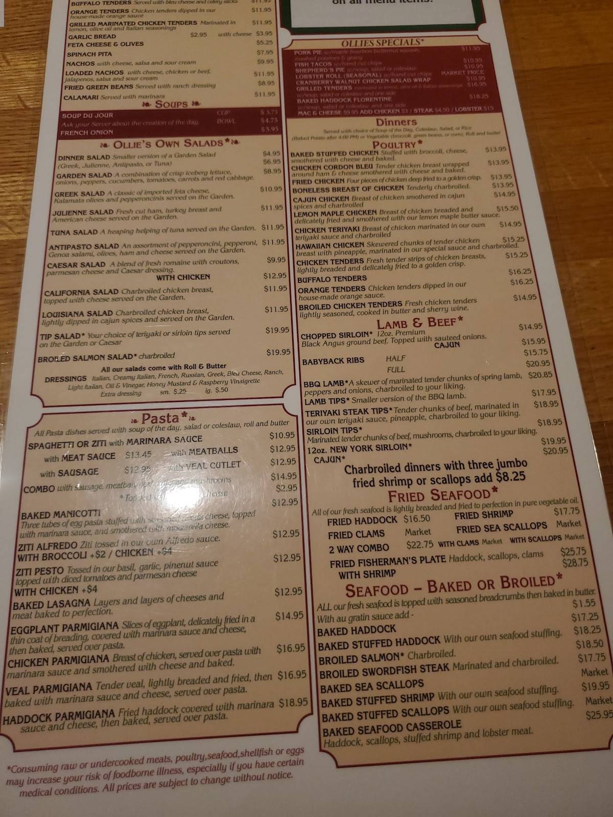 Menu at Ollie's Restaurant, Manchester, 761 Mast Rd