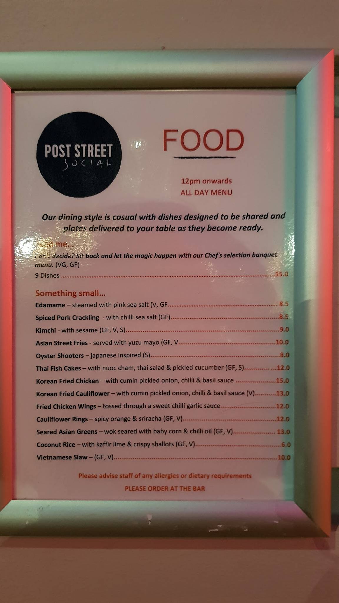 Carta del pub y bar Post Street Social, Hobart