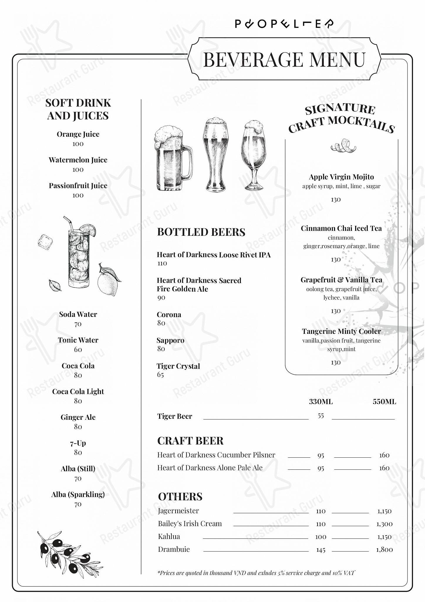 Menu at Propeller Rooftop Bar HCM, Ho Chi Minh City