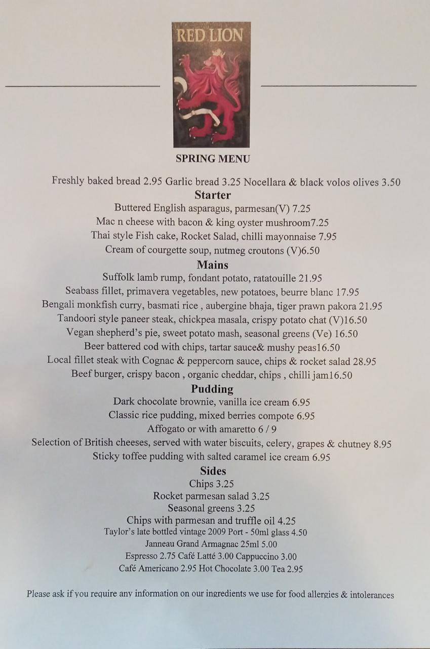 Menu at Red Lion Chelmondiston pub & bar, Ipswich, Main Rd