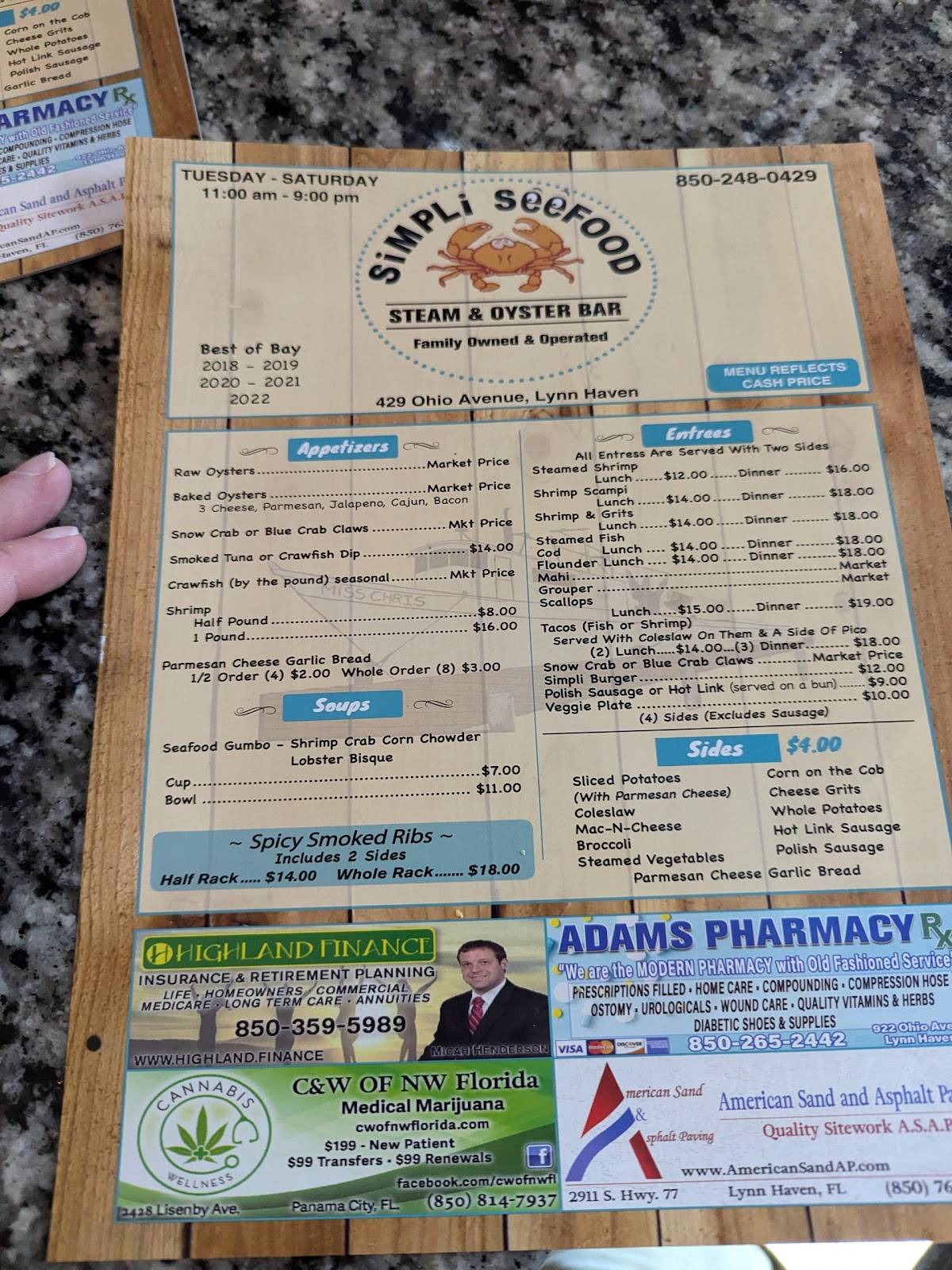 Menu at Simply Seafood Market & Oyster Bar, Lynn Haven