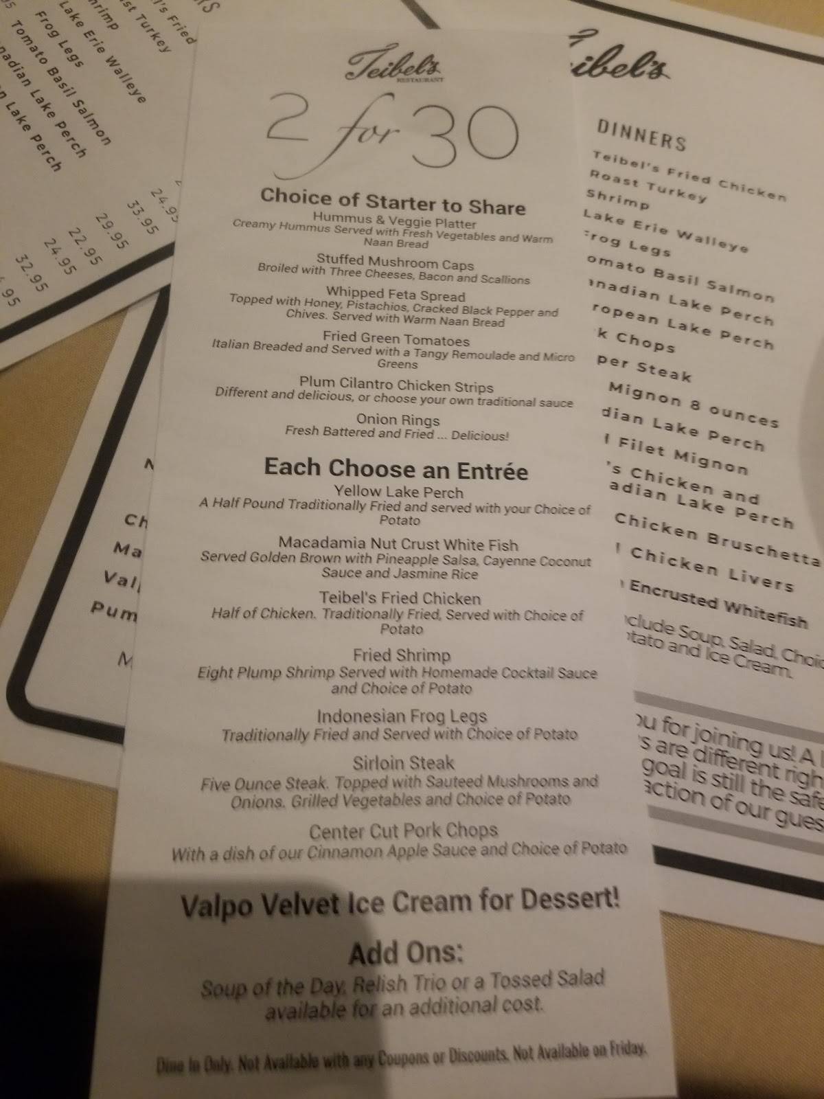 Menu at Teibel's Family Restaurant, Schererville