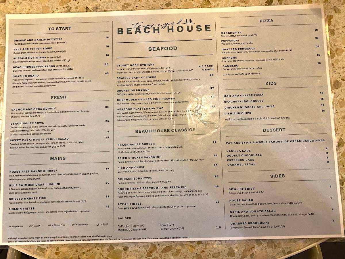 Menu at Terrigal Beach House pub & bar, Terrigal