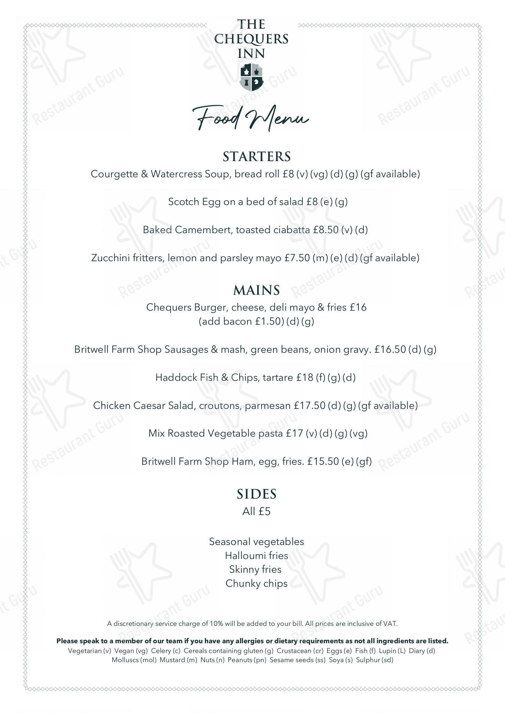 Menu at The Chequers Inn pub & bar, Wallingford, Berrick Salome