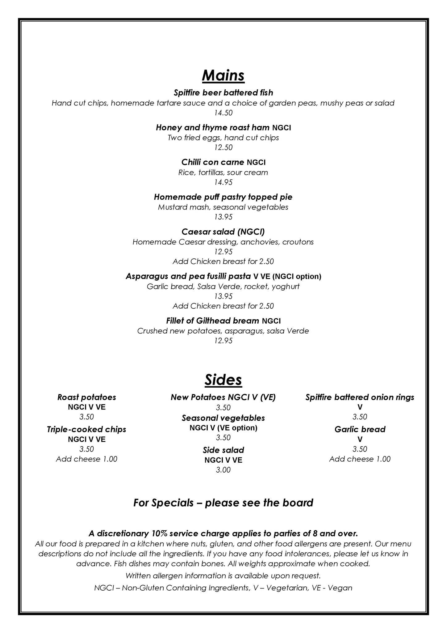Menu at The Cricketers Arms pub & bar, Little Baddow