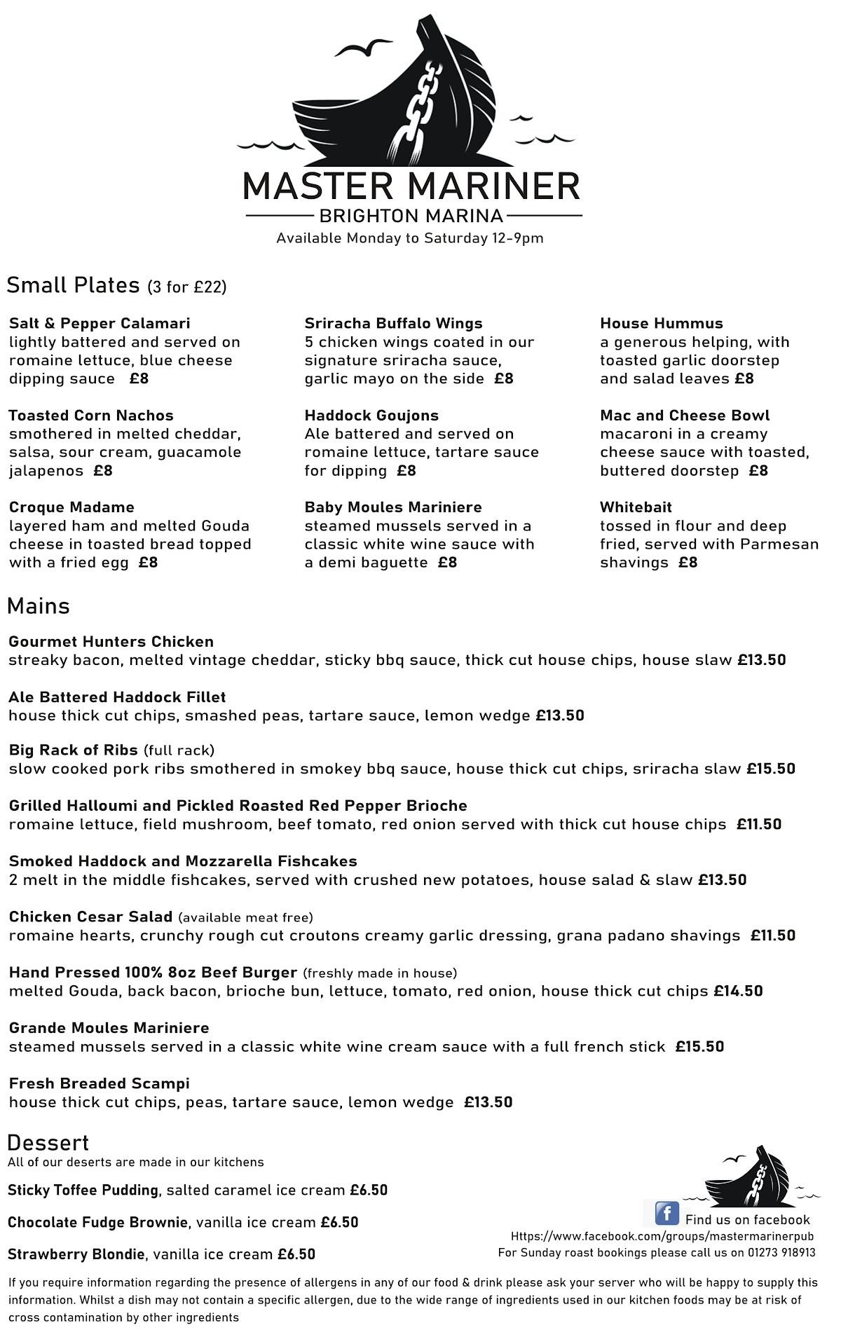 Menu at The Master Mariner pub & bar, Brighton