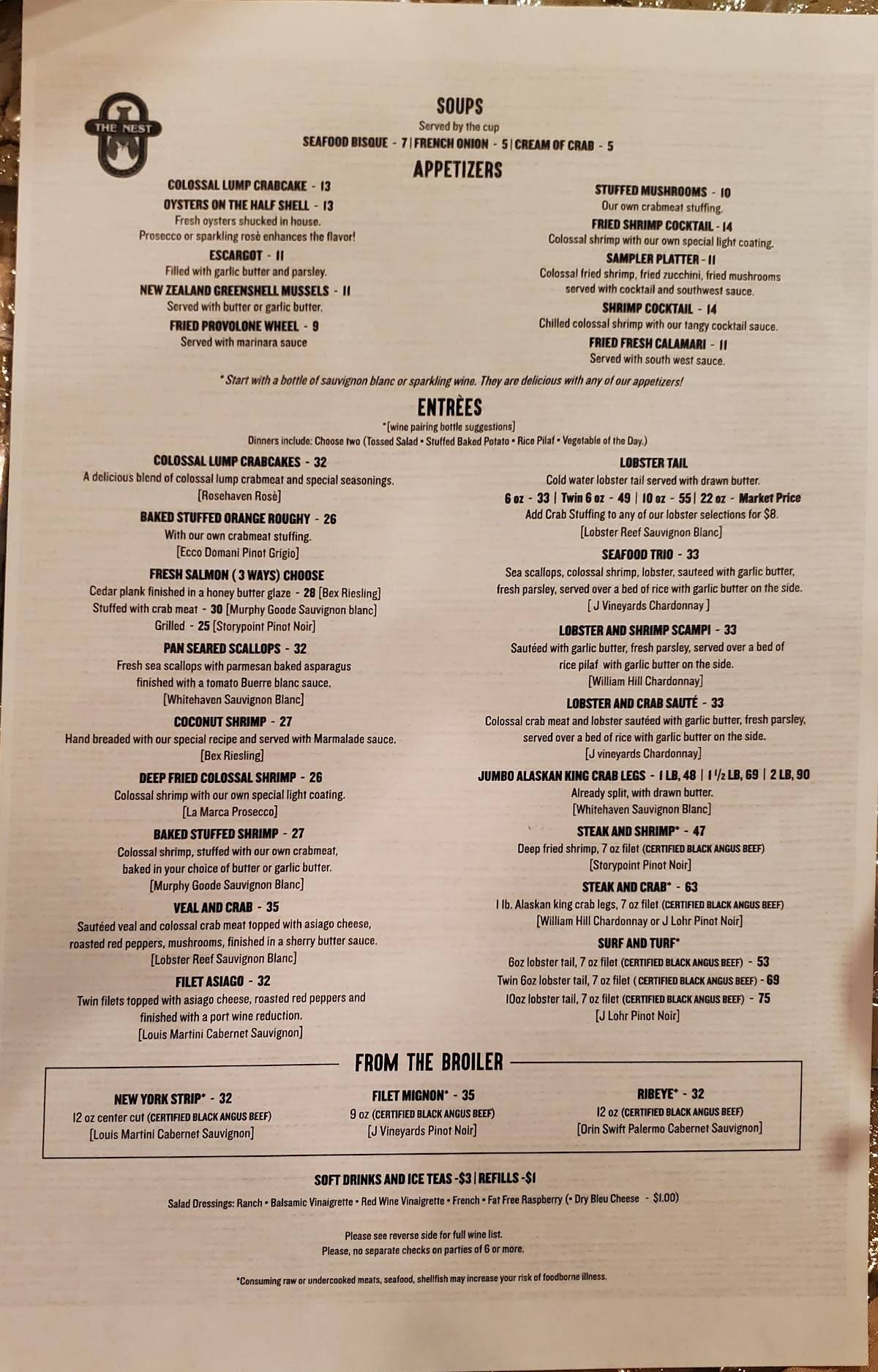 Menu at The Nest Restaurant, Jeannette