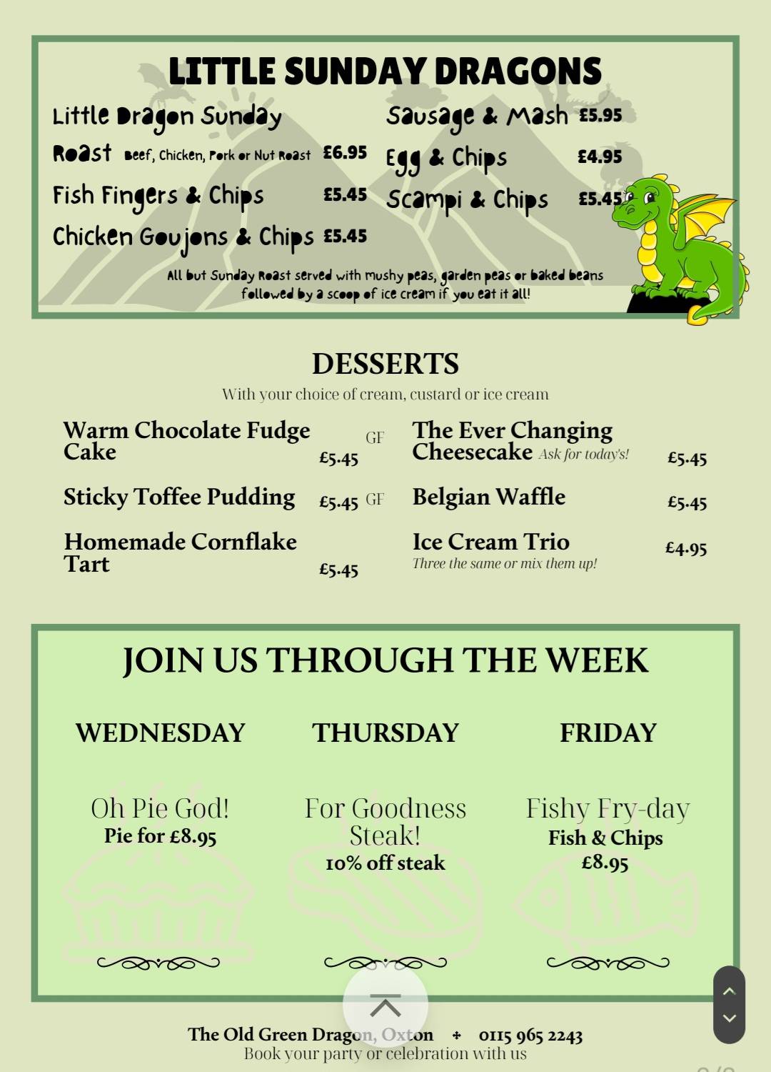 Menu at The Old Green Dragon pub & bar, Oxton