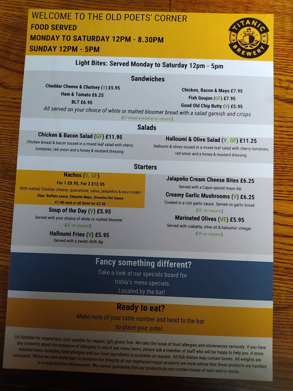 Menu at The Old Poets Corner. pub & bar, Ashover