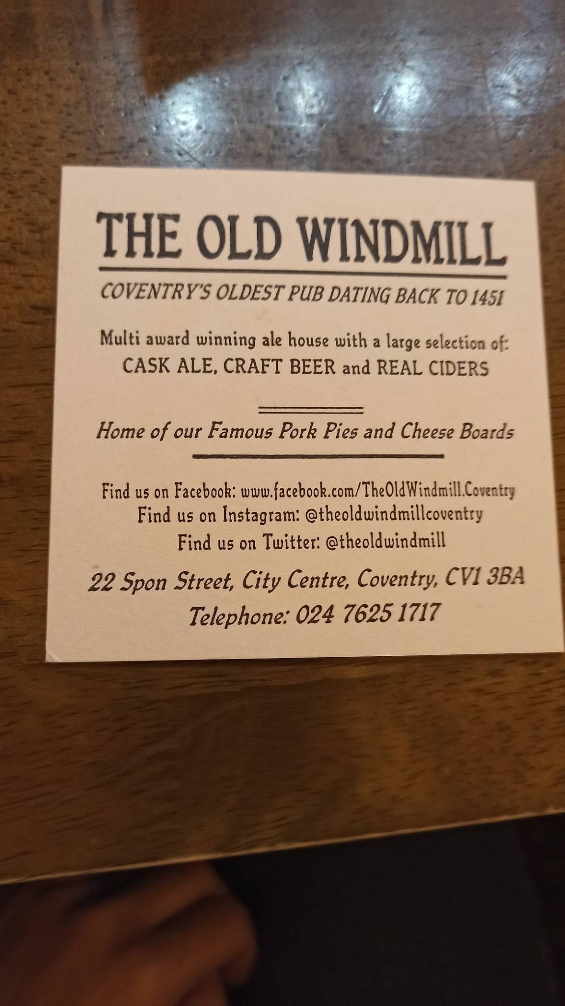 Menu at The Old Windmill pub & bar, Coventry